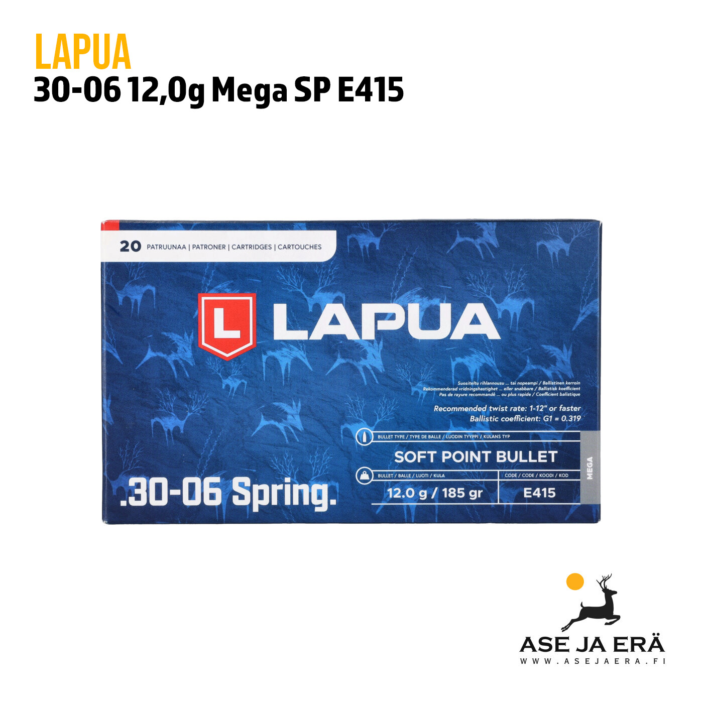 30-06 Lapua 12g Mega SP E415 kivääripatruuna Puolivaippapaukku ...