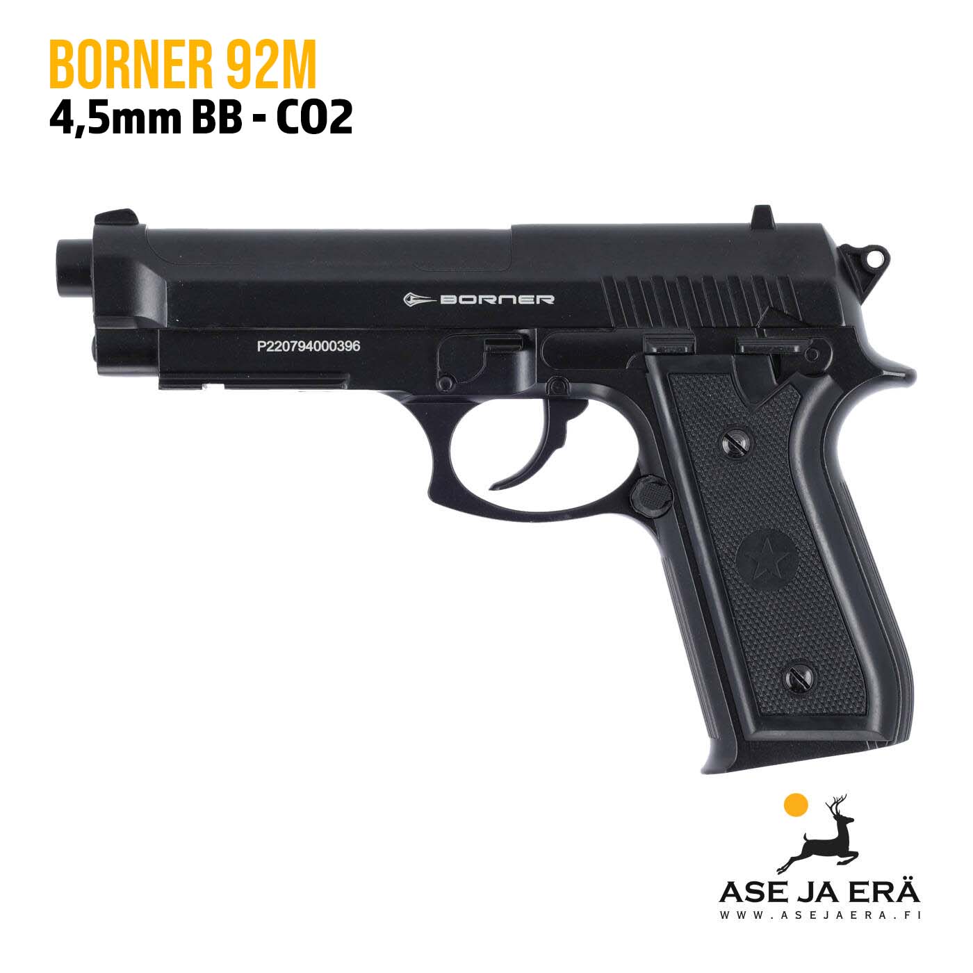 Borner 92M 4,5mm CO2 ilmapistooli Metallirunkoinen Non Blowback - asejaera.fi verkkokauppa